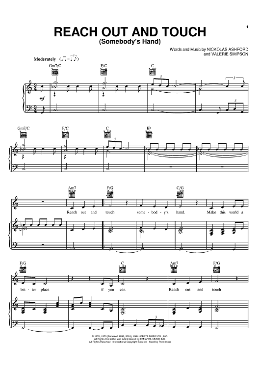 Reach Out And Touch (Somebody's Hand)" Sheet Music by Diana Ross for ...