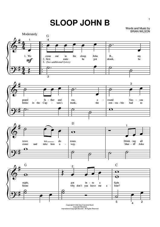 Sloop John B" Sheet Music by The Beach Boys for Big Note Piano - Sheet Music Now