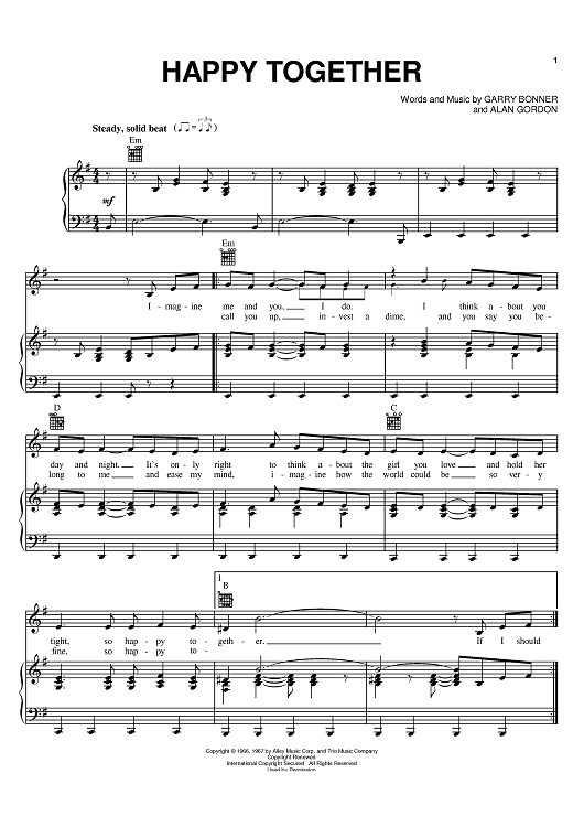 Happy Together" Sheet Music by The Turtles for Piano/Vocal/Chords ...