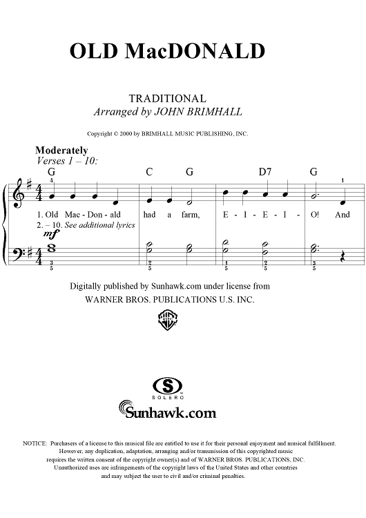Old MacDonald" Sheet Music for Easy Piano/Vocal - Sheet Music Now