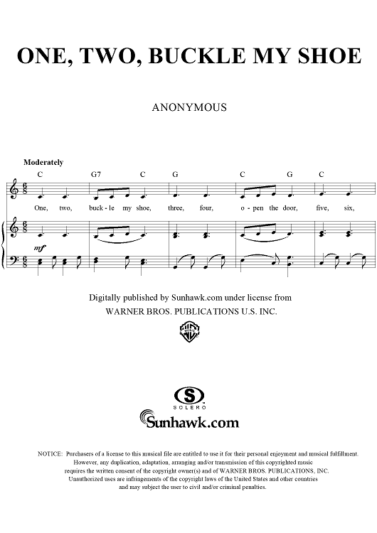 One, Two, Buckle My Shoe" Sheet Music for Piano/Vocal/Chords - Sheet ...