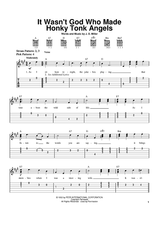 It Wasn't God Who Made Honky Tonk Angels" Sheet Music by Patsy Cline ...