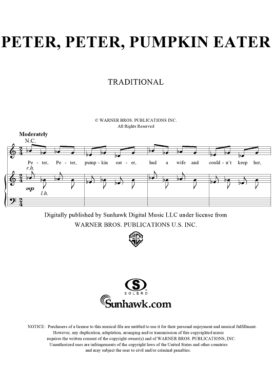 Peter, Peter, Pumpkin Eater" Sheet Music for Piano/Vocal/Chords - Sheet ...