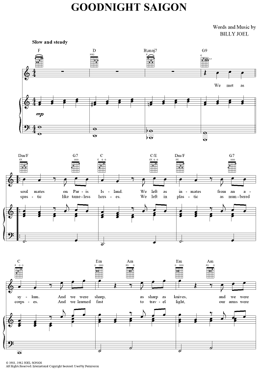 Goodnight Saigon" Sheet Music by Billy Joel for Piano/Vocal/Chords ...