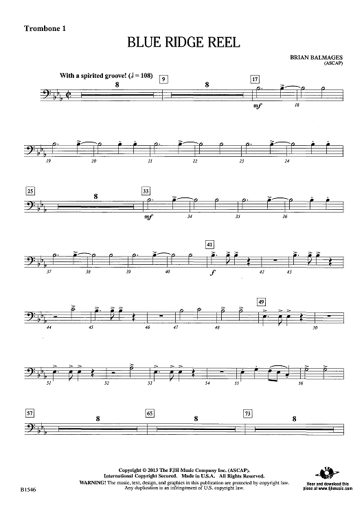 Blue Ridge Reel - Trombone 1" Sheet Music for Concert Band - Sheet ...