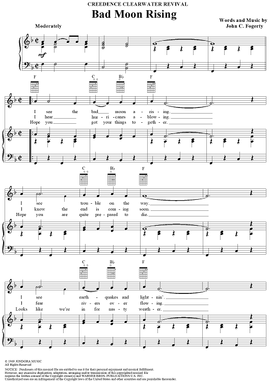 Bad Moon Rising" Sheet Music by Creedence Clearwater Revival for Piano ...